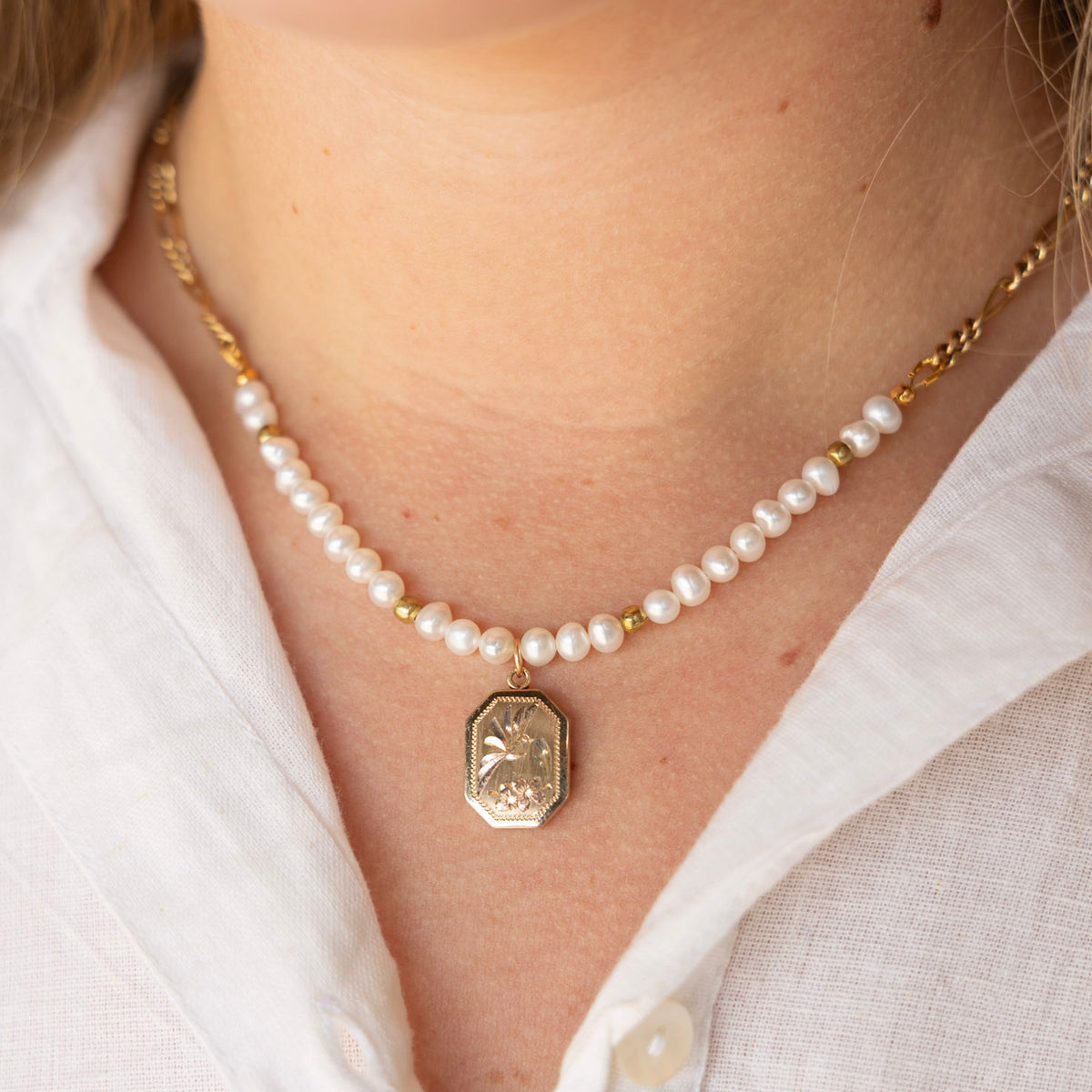One of One #1408 :: 18" Lilly Pearl Necklace with Dove Locket – Ex Voto ...