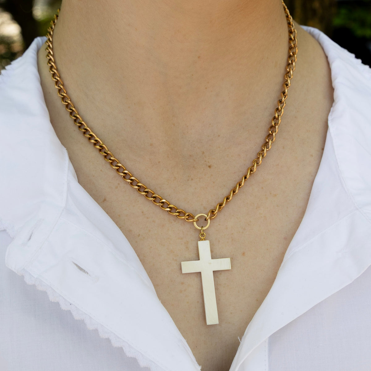 One of One #1303 :: 18” Curb Necklace with Antique Ivory Cross Pendant ...